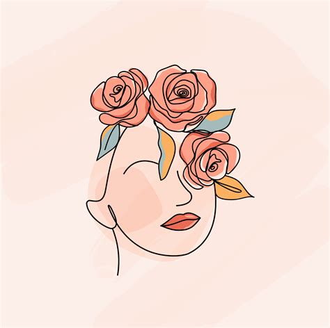 Rostro De Belleza Con Flores Dibujo Lineal Arte Estilo Minimalista