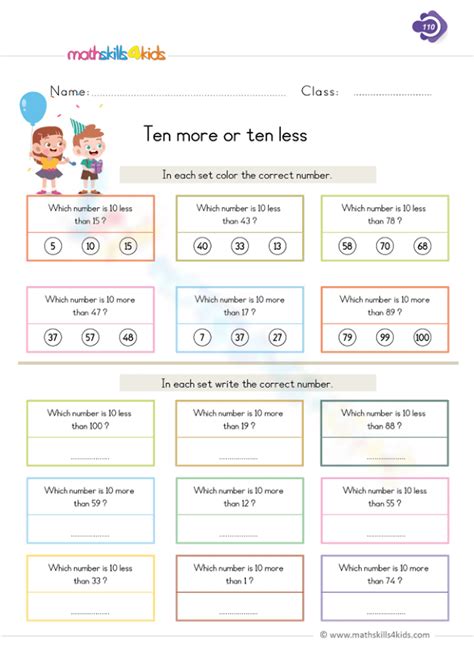 Ten More Or Ten Less Worksheet