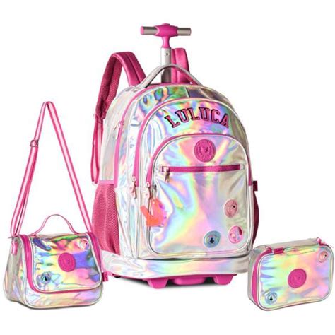 Kit Mochila Luluca Holográfica de Rodas Estojo e Lancheira Clio Style
