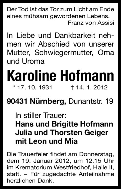 Traueranzeigen Von Karoline Hofmann Trauer Nn De