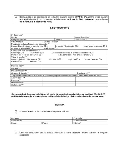 Dichiarazione Di Residenza Di Cittadini Italiani Iscritti All AIRE