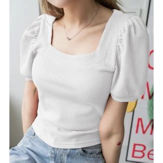 Angelcity Puff Sleeve Crop Top Square Neck Tops Waffle Tela Korean