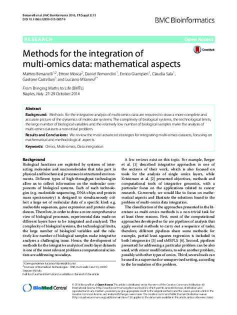 pdf methods for the integration of multi omics data mathematical aspects daniel remondini