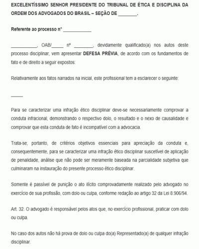 Modelo de Petição de Defesa Prévia na OAB