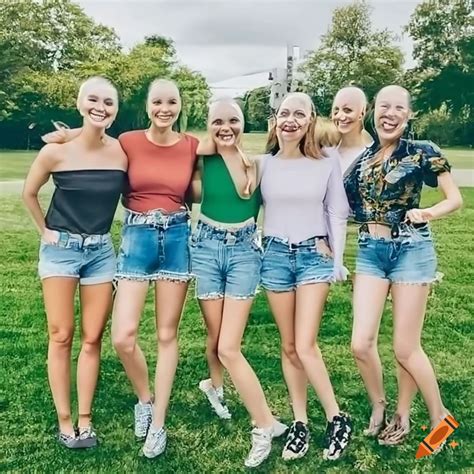 Group Of Confident College Women With Shaved Heads Walking On Campus On