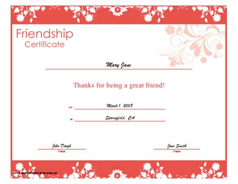 Friendship Certificate Printable Certificate With Red Floral Design