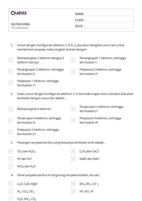 50 Lembar Kerja Ikatan Kimia Untuk Kelas 11 Di Quizizz Gratis
