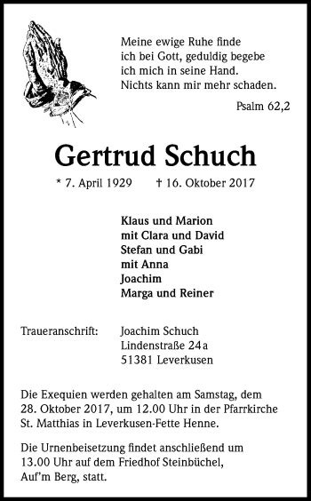 Traueranzeigen Von Gertrud Schuch WirTrauern