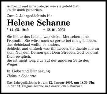Traueranzeigen Von Schanne Helene Saarbruecker Zeitung Trauer De