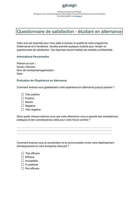 Modèle de questionnaire Satisfaction des étudiants Edusign