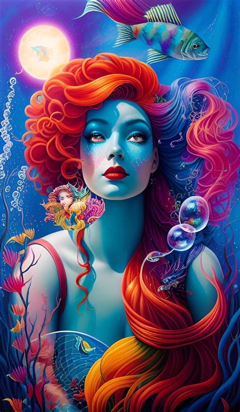 A Painting Of A Woman With Red Hair And Fish On Her Head Surrounded By