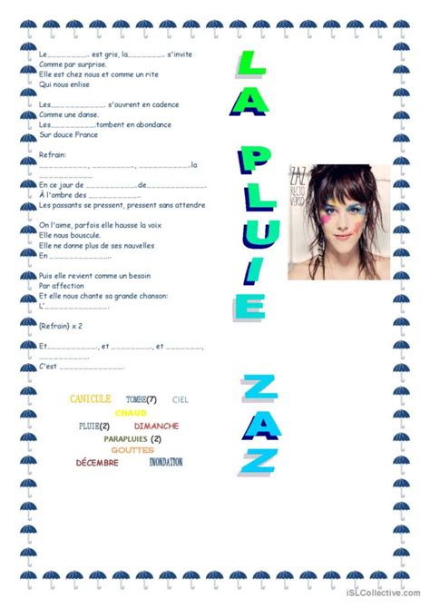 LA PLUIE ZAZ activité à partir d une Français FLE fiches pedagogiques
