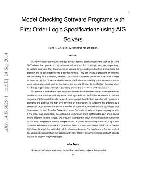 pdf model checking software programs with first order logic specifications using aig solvers