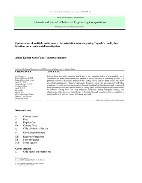 pdf optimization of multiple performance characteristics in turning using taguchi s quality
