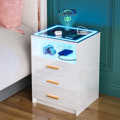 Lvifur High Gloss LED Nightstand With Wireless Charging Station And 3