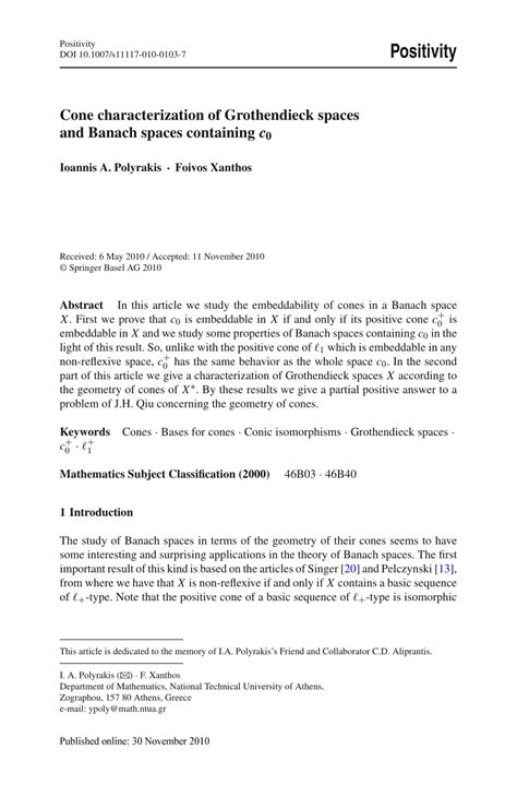 pdf cone characterization of grothendieck spaces and banach spaces containing c0