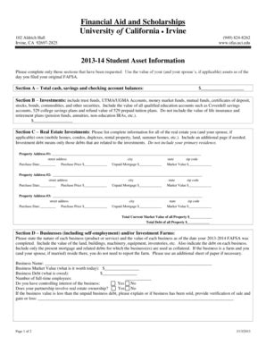 Fillable Online Ofas Uci Student Asset Form Office Of Financial Aid