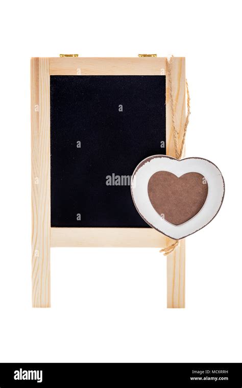 Blank Black Chalk Board With Wooden Heart Shape Frame For Photo
