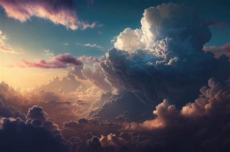 Nuvens brancas dramáticas e céu azul da vista da janela do avião fundo