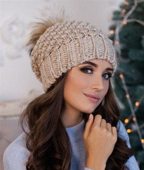 Knit Pom Slouchy Beanie Fleece Lined Big Pom Pom Hat Christmas Etsy