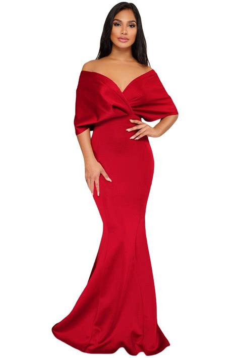 Acheter Robe De Soiree Longue Rouge Sirene Col Bardot Pas CherVente En
