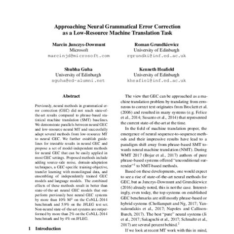 approaching neural grammatical error correction as a low resource machine translation task acl