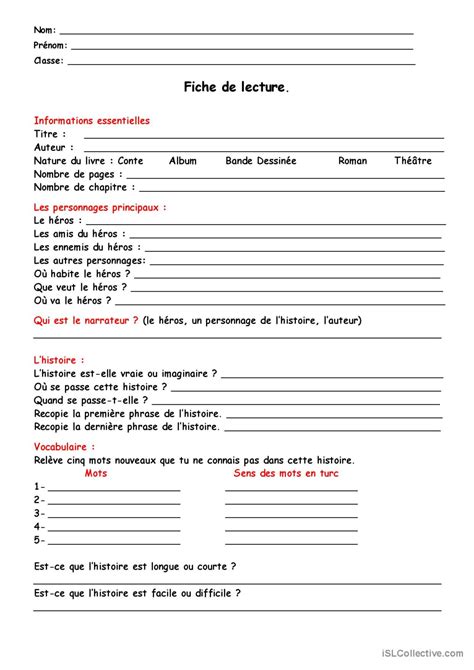 Fiche de Lecture compréhension génér Français FLE fiches pedagogiques