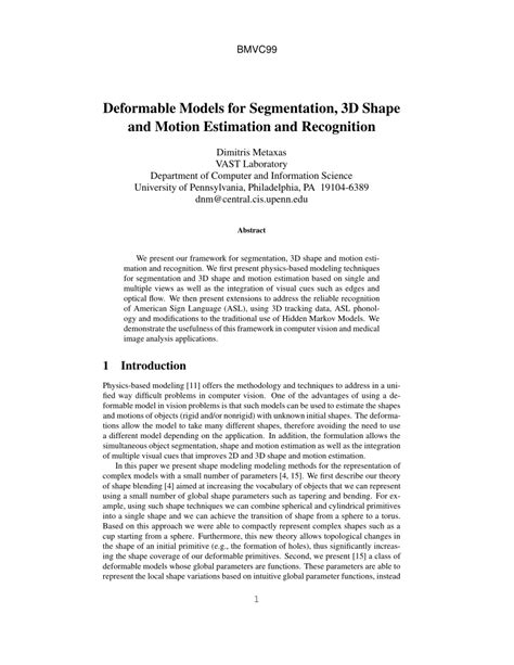 pdf deformable models for segmentation 3d shape and motion estimation and recognition