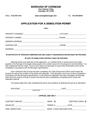 Fillable Online APPLICATION FOR A DEMOLITION PERMIT Carnegie Fax