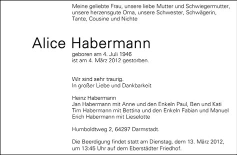 Traueranzeigen Von Alice Habermann Vrm Trauer De
