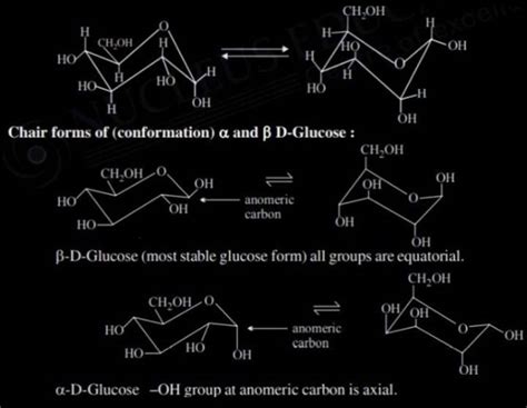 Chair forms of conformation α and β D Glucose β D Glucose most stabl