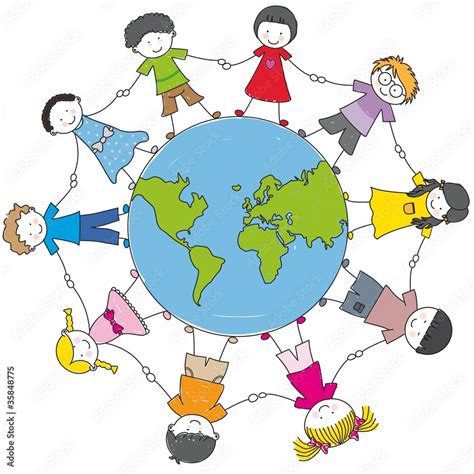 Niños de todas las etnias alrededor del mapa mundial vector de Stock
