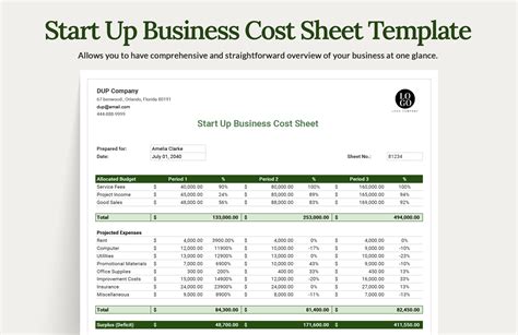 Startup Cost Template Google Sheets