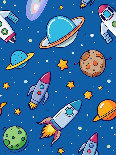 Uma ilustração de desenho animado de uma nave espacial e planetas