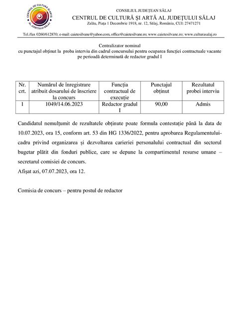 Centralizator Nominal Cu Punctajul Obtinu La Concursul Pentru Ocuparea