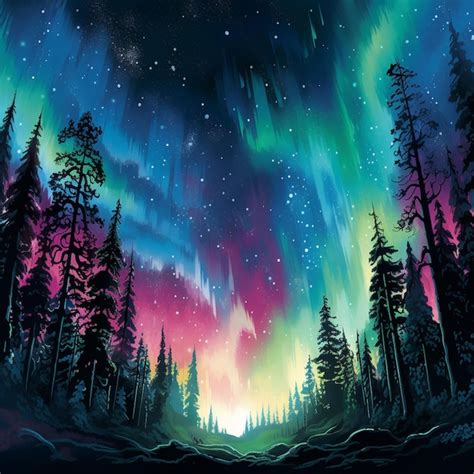 Premium AI Image A Painting Of A Forest With The Aurora Borealis In