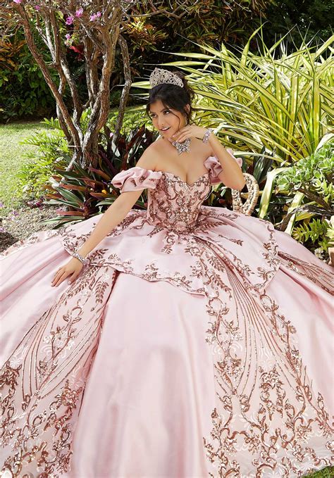 Rose Gold Larissa Satin and Patterned Sequin Quinceañera Dress by