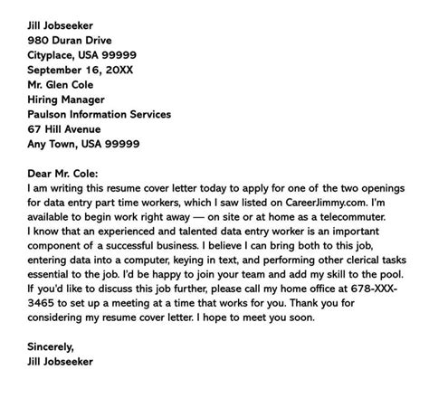 Part Time Job Cover Letter Examples Free Templates