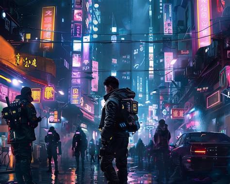 La calle de la ciudad cyberpunk por la noche con luces de neón y