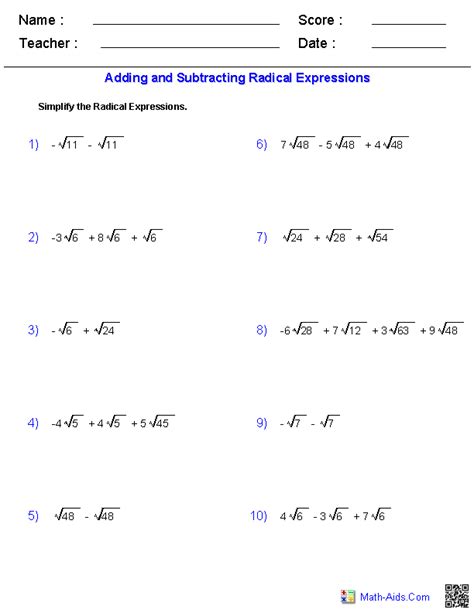 17 simplifying radicals math worksheets