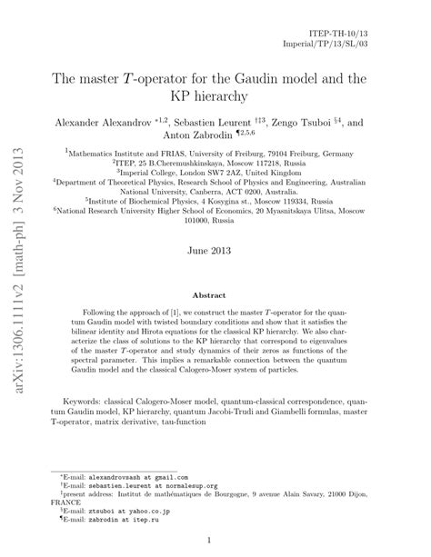 pdf the master t operator for the gaudin model and the kp hierarchy