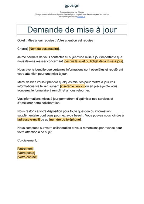 Demande de mise à jour Modèle de mail gratuit Edusign
