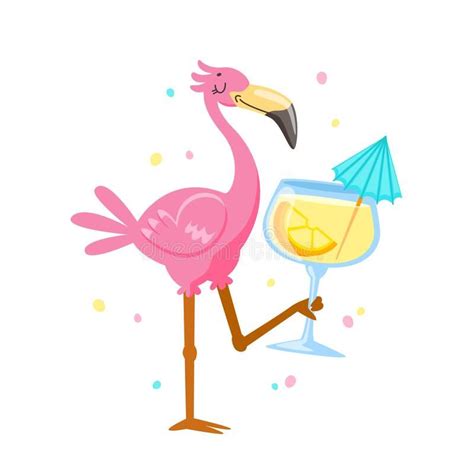 Pink Flamingo Drinking Cocktail Cartoon Kawaii Bird Character On