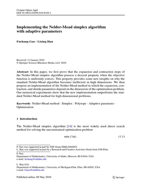implementing the nelder mead simplex algorithm with adaptive parameters pdf mathematical