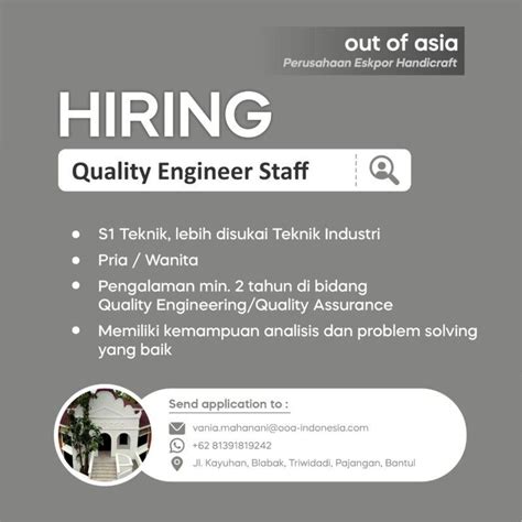 Lowongan Kerja Quality Engineer Staff Production Engineer Staff
