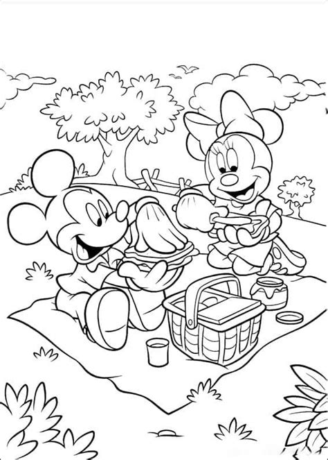 Målarbild Musse Pigg och Mimmi Pigg på Picknick Skiv ut gratis på