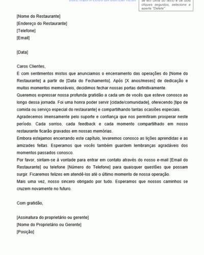 Referência para um Comunicado de Fechamento de Restaurante Modelo