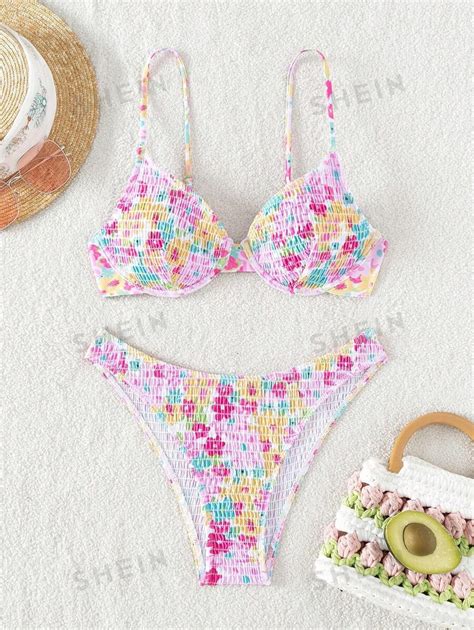 SHEIN Swim Mod Ensemble bikini à armature et smocké imprimé floral d