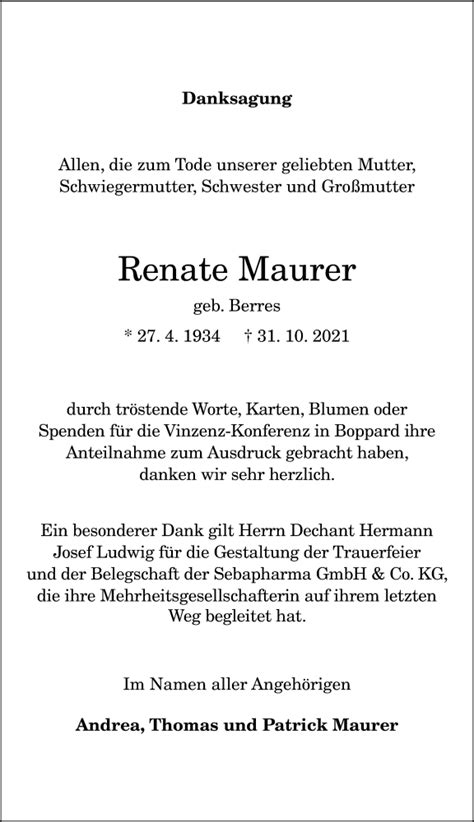 Traueranzeigen Von Renate Maurer Rz Trauer De