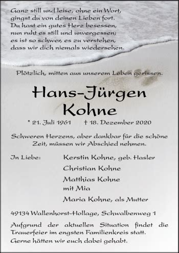Traueranzeigen von Hans Jürgen Kohne noz Trauerportal